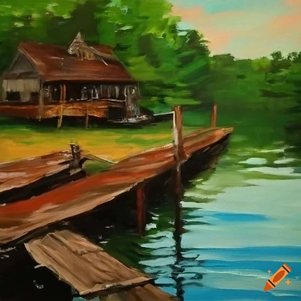 Primitive jungle lake dock town in an oil painting style on Craiyon