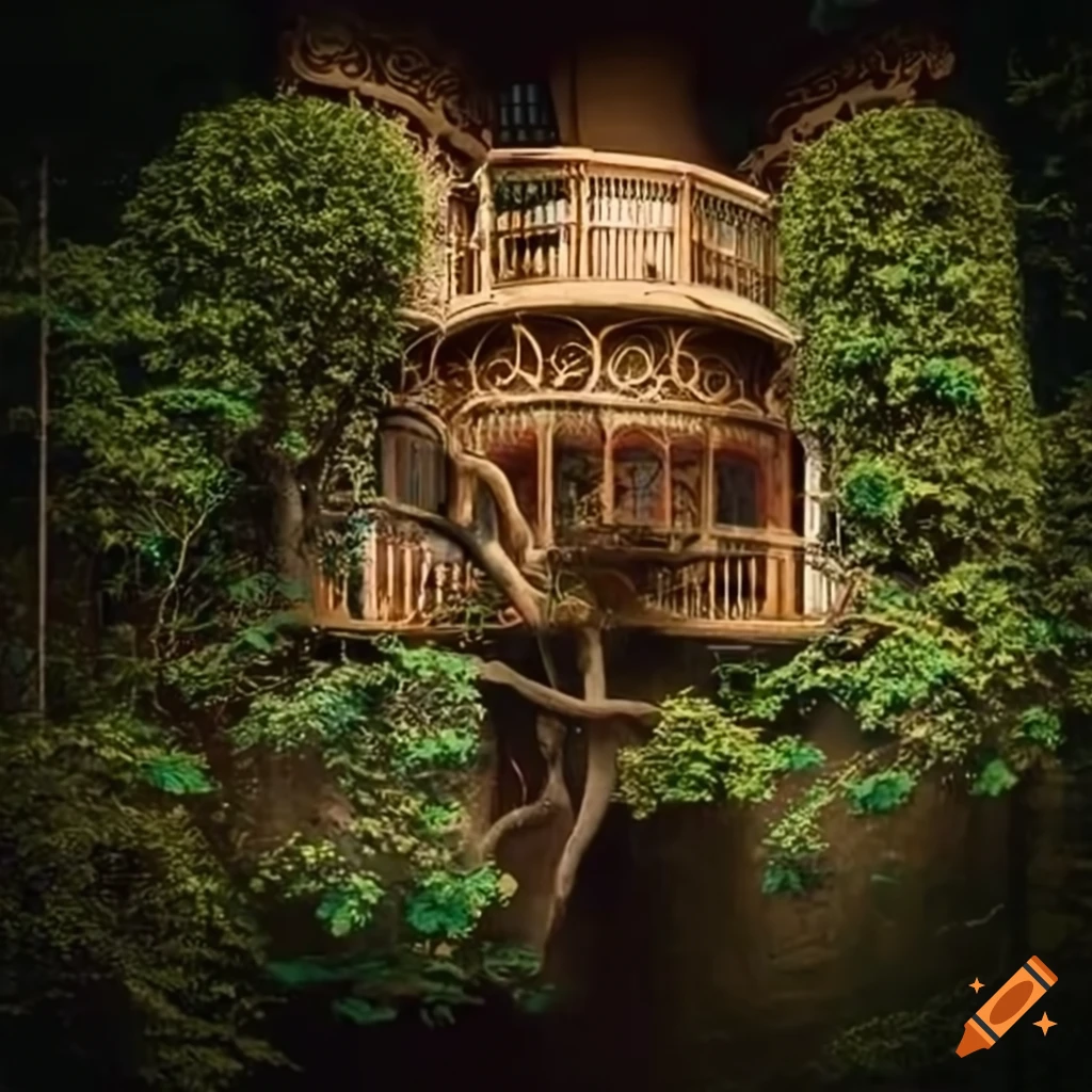 Intricately designed art nouveau treehouses with climbing plants and ...