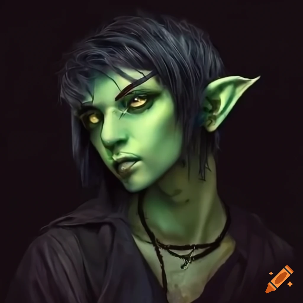 Edjek the green-skinned emo goblin with white shirt and black hair on ...