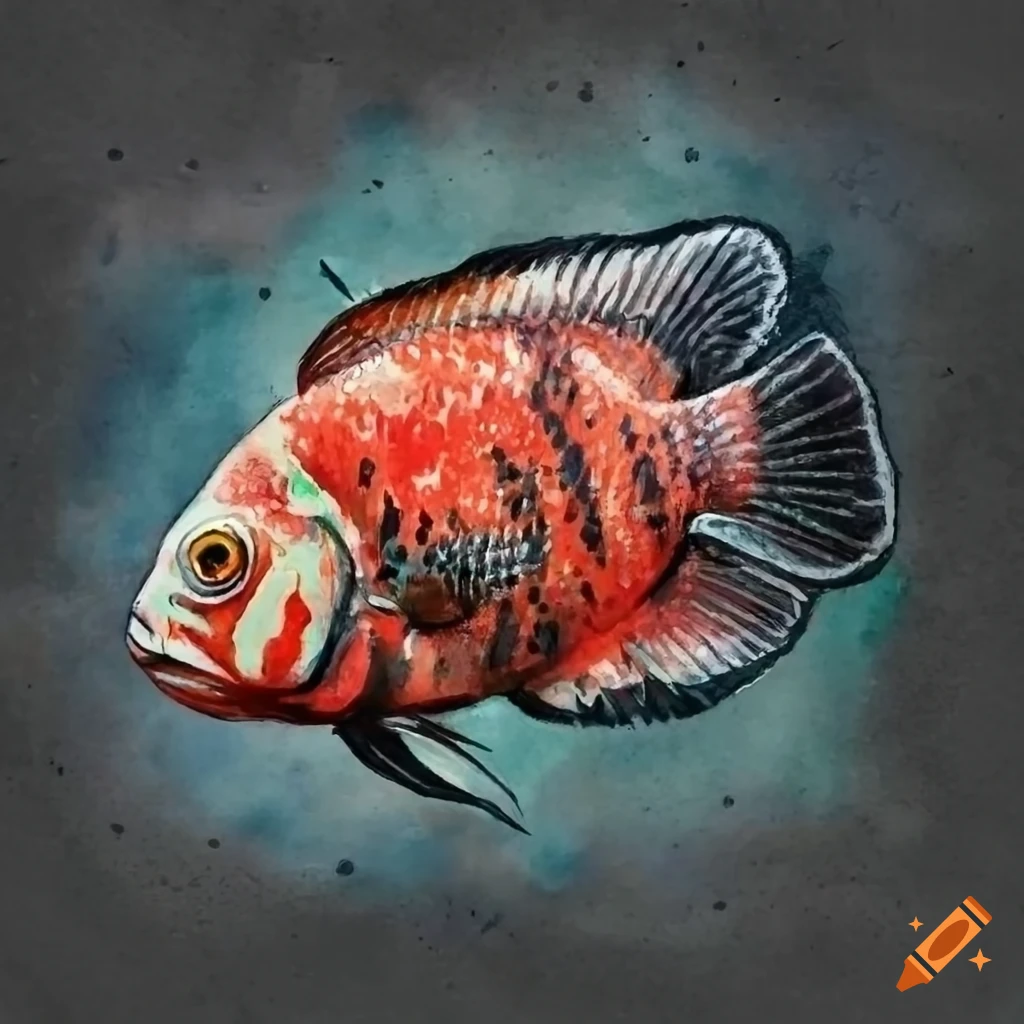 Detailed drawing of a red and black Tiger Oscar fish on Craiyon