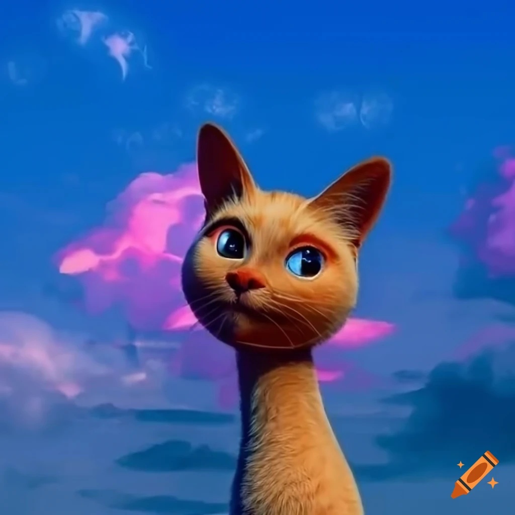 Red cat under blue clouds in windy rain on Craiyon