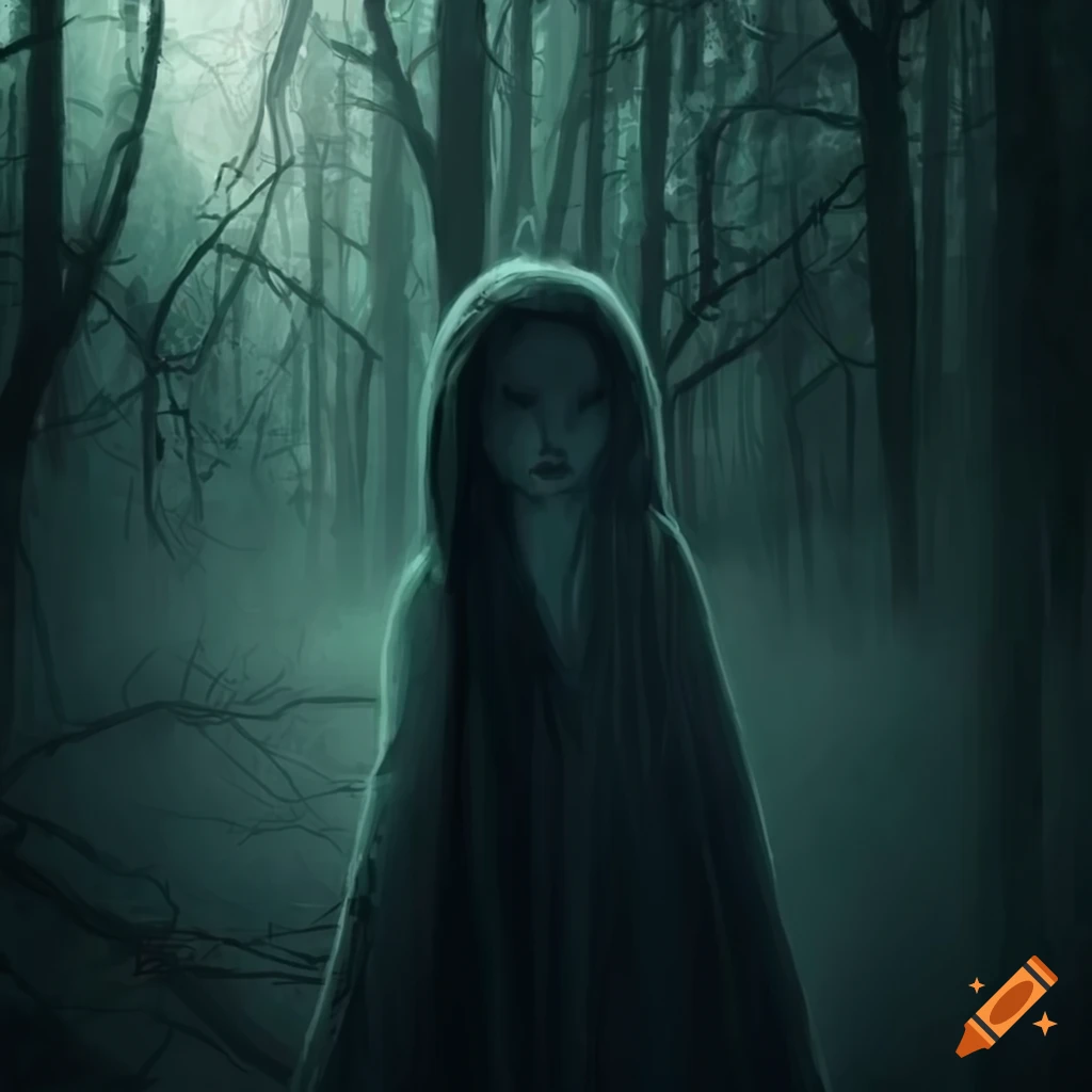 Ghost girl in dark woods with dead trees on Craiyon