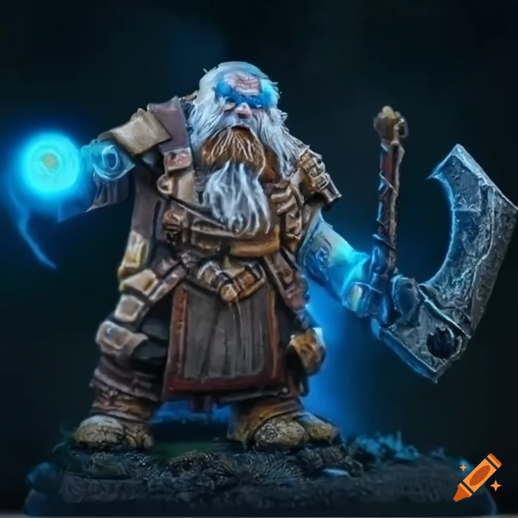 Elderly dwarf with glowing blue eyes and white beard holding a massive ...