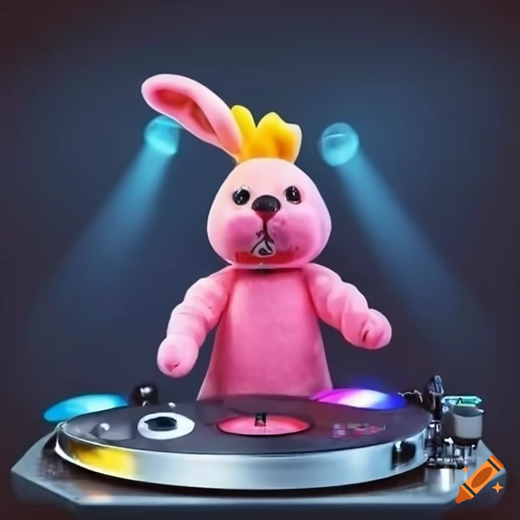 Colorful toy easter bunny djing on stage on Craiyon