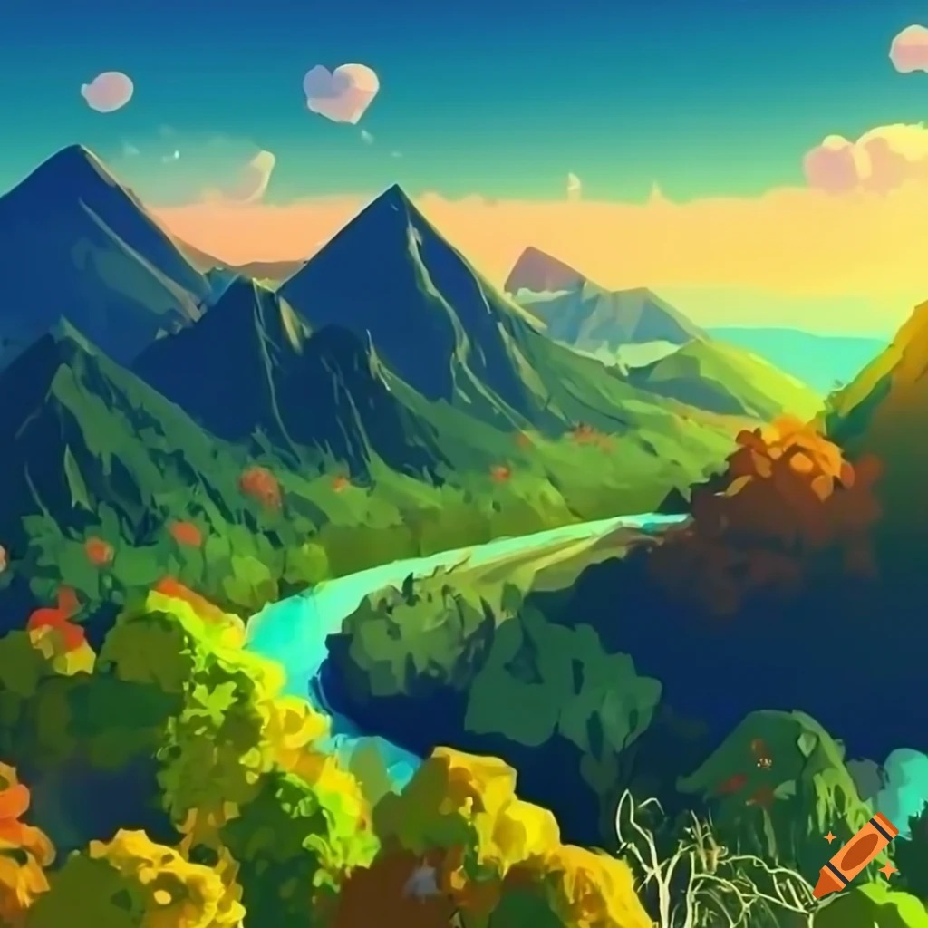 Scenic yellow path among green trees and colorful flowers near a shiny ...