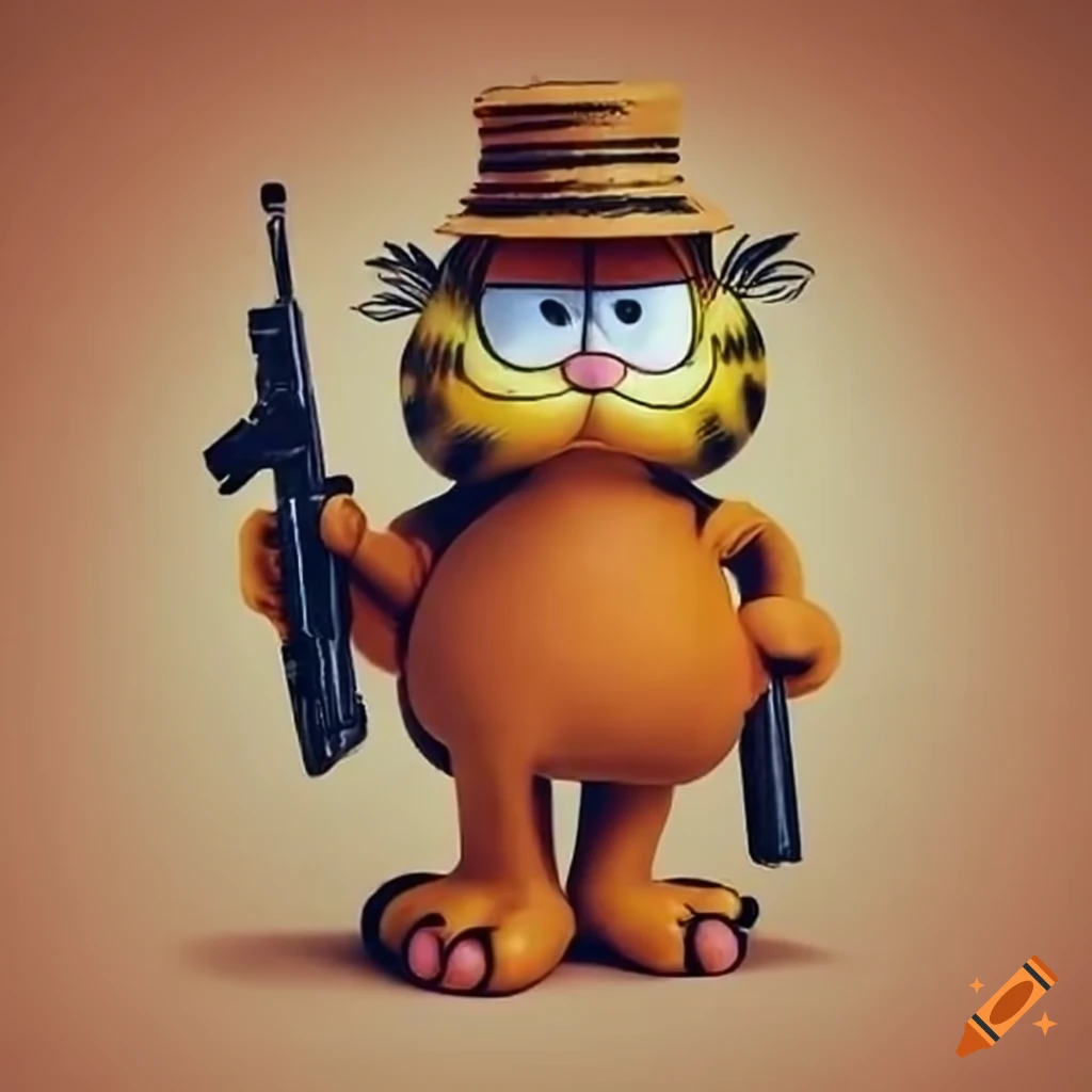 Garfield dressed as a mafia mob member with a gun on Craiyon
