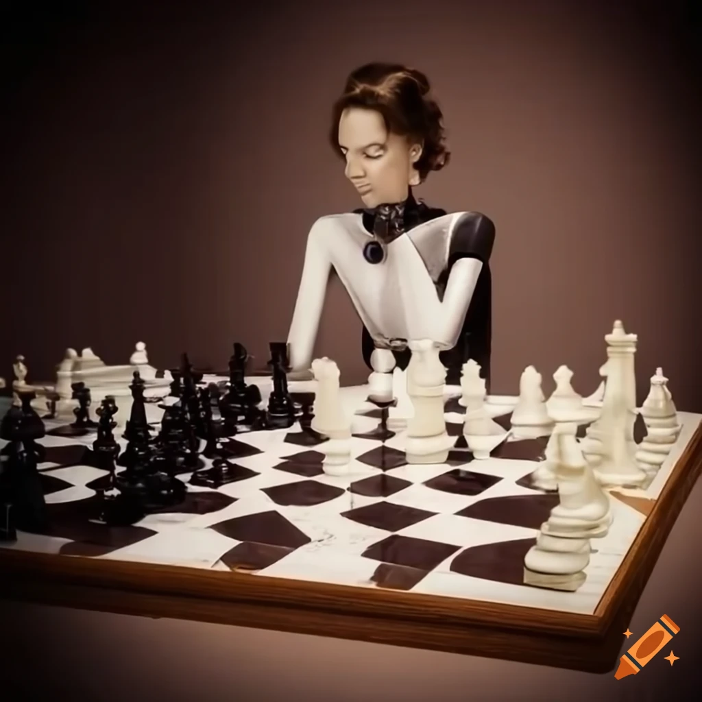 Humanoid chess player robot focused on the chess board on Craiyon