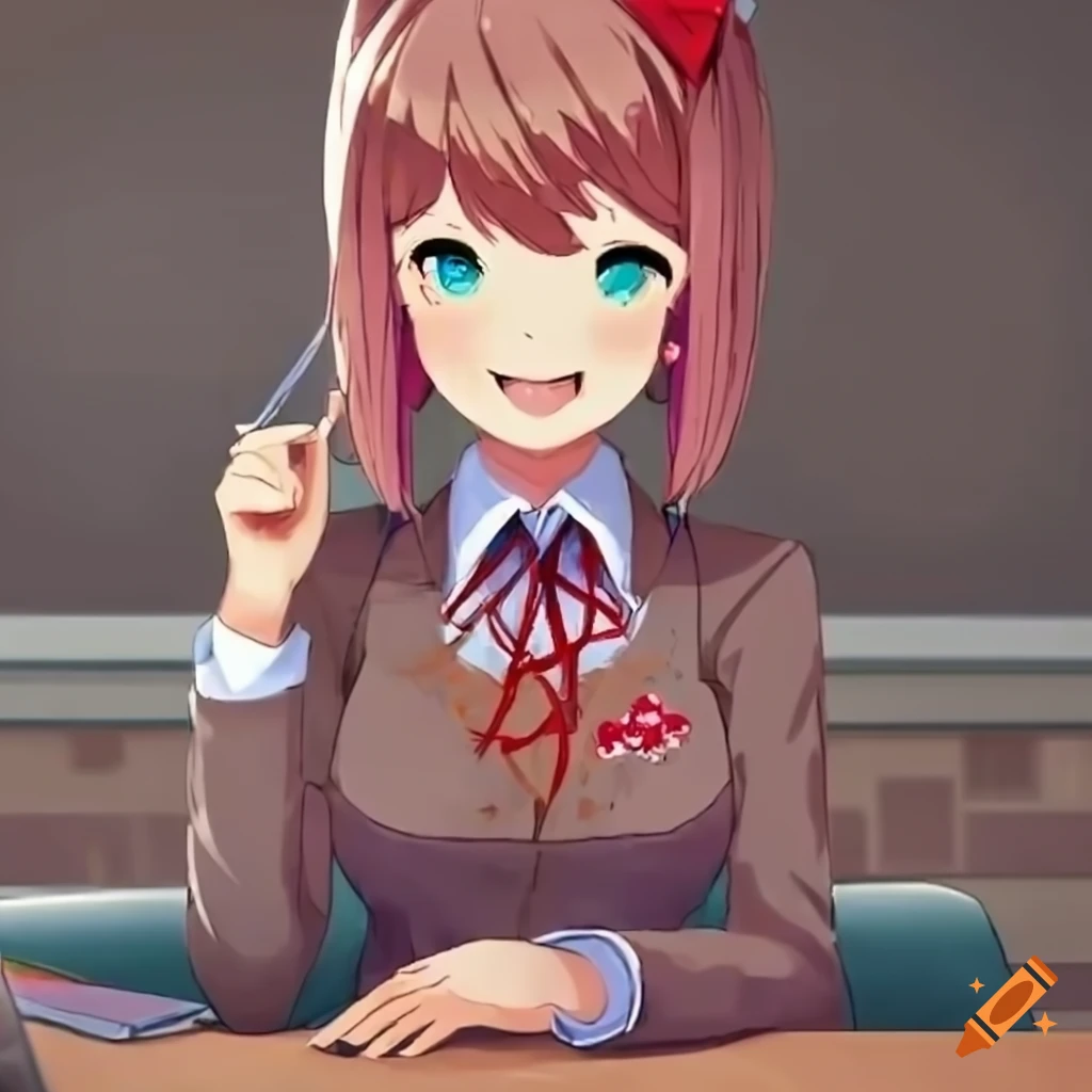Sayori from doki doki literature club smiling at school desk on Craiyon