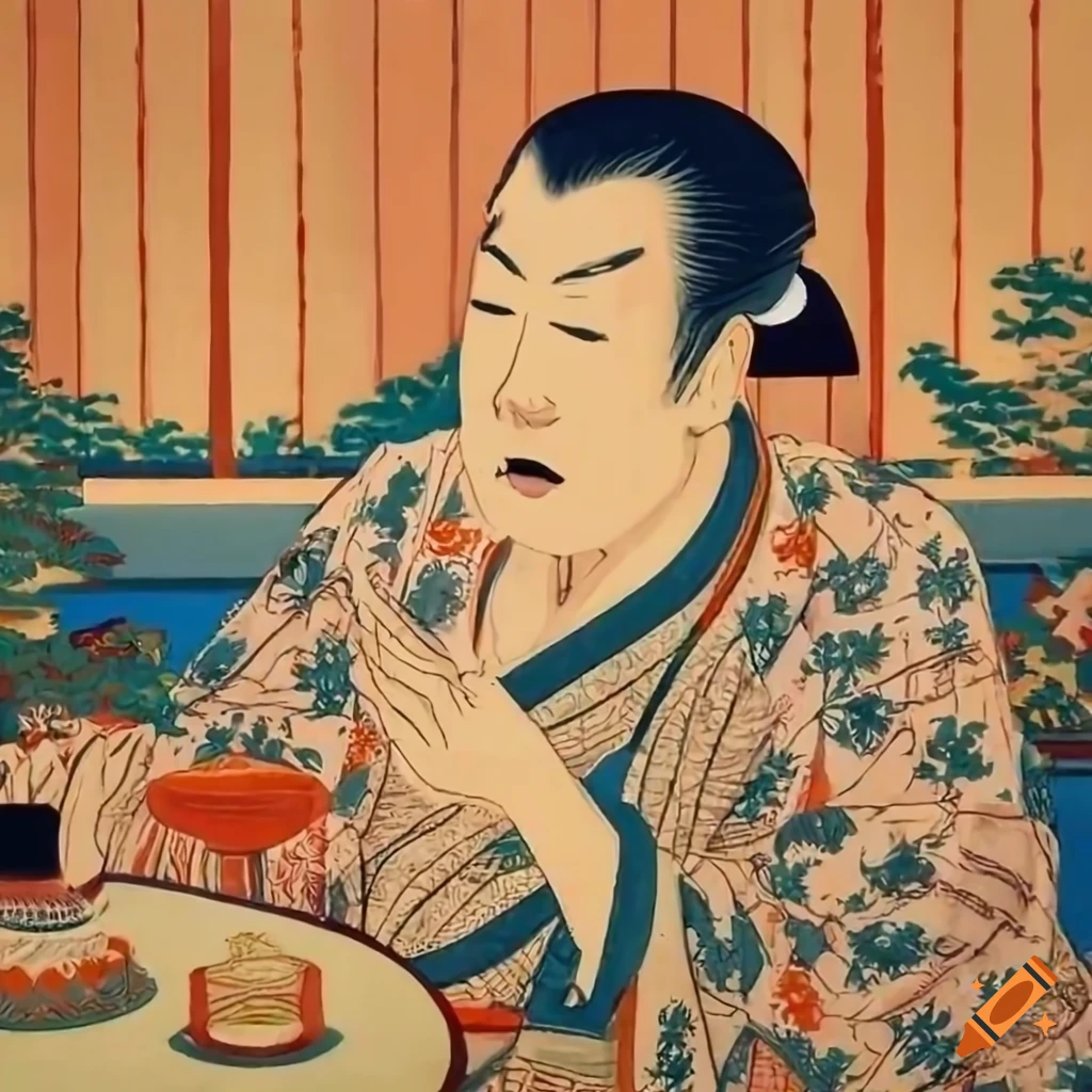 Traditional vibrant Japanese tapestry of men relaxing with drinks in ...