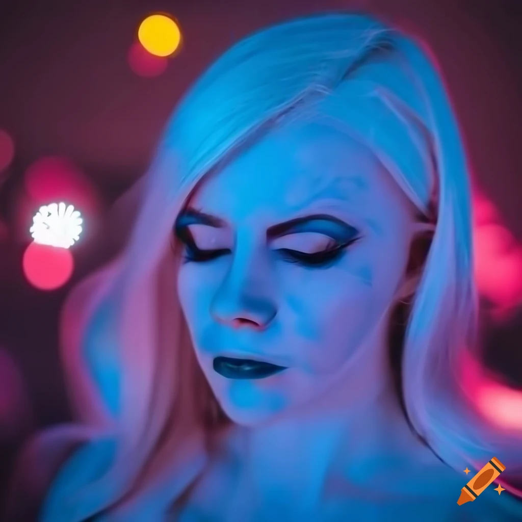 Blonde woman in cosplay attire with eyes closed, neon computer setup in ...