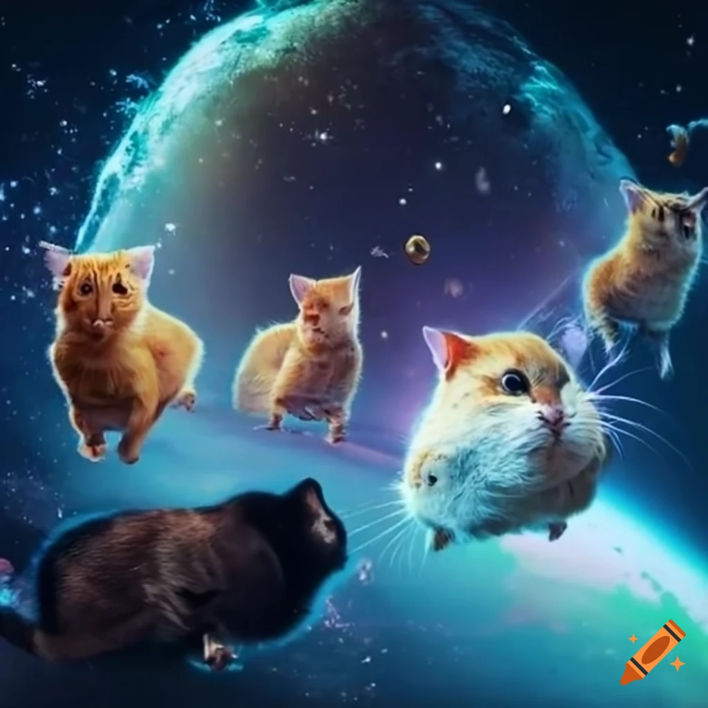 Group of cats and guinea pigs on a space adventure on Craiyon