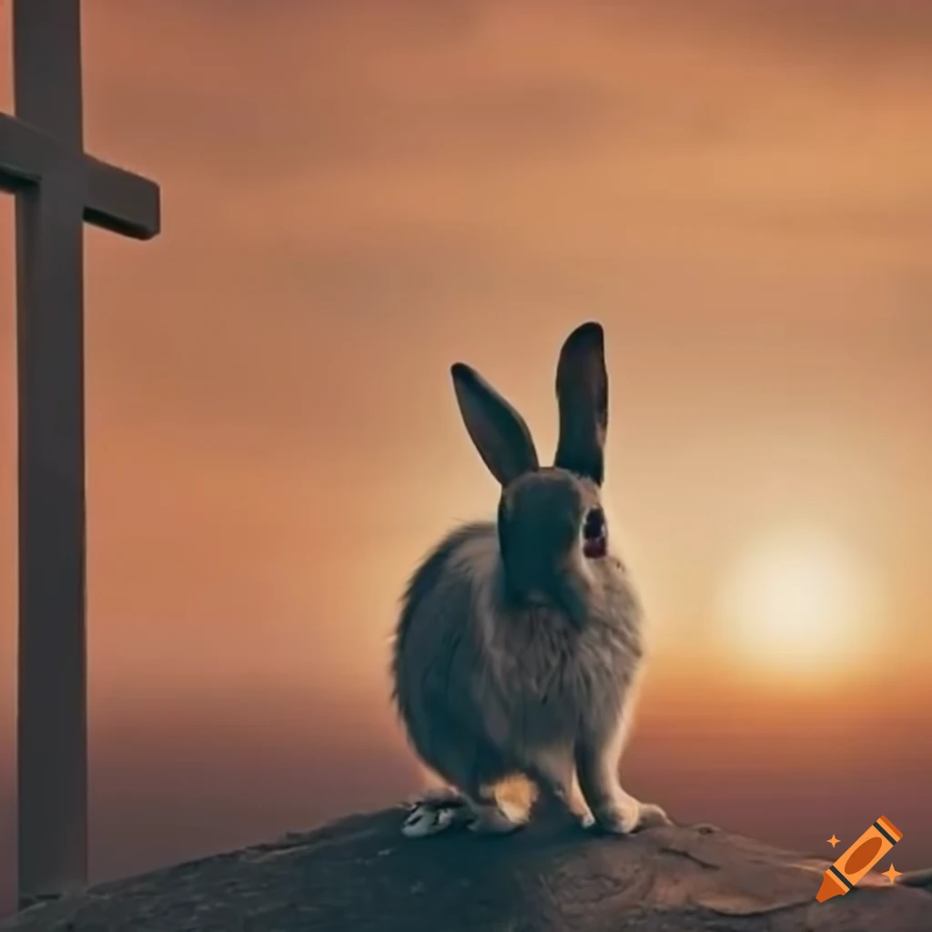 Rabbit looking up at jesus on the cross at sunset on Craiyon