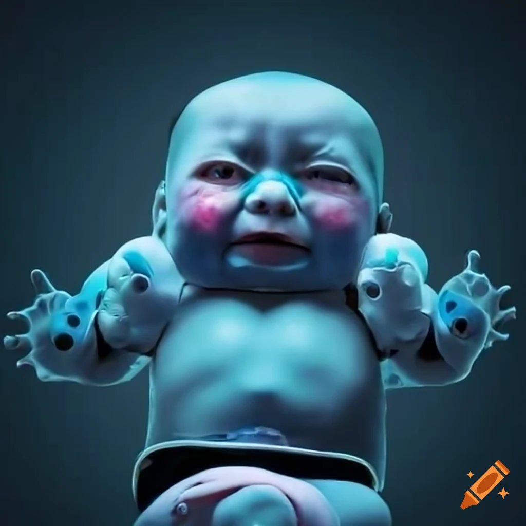 Unique baby with webbed toes held by a robot on Craiyon