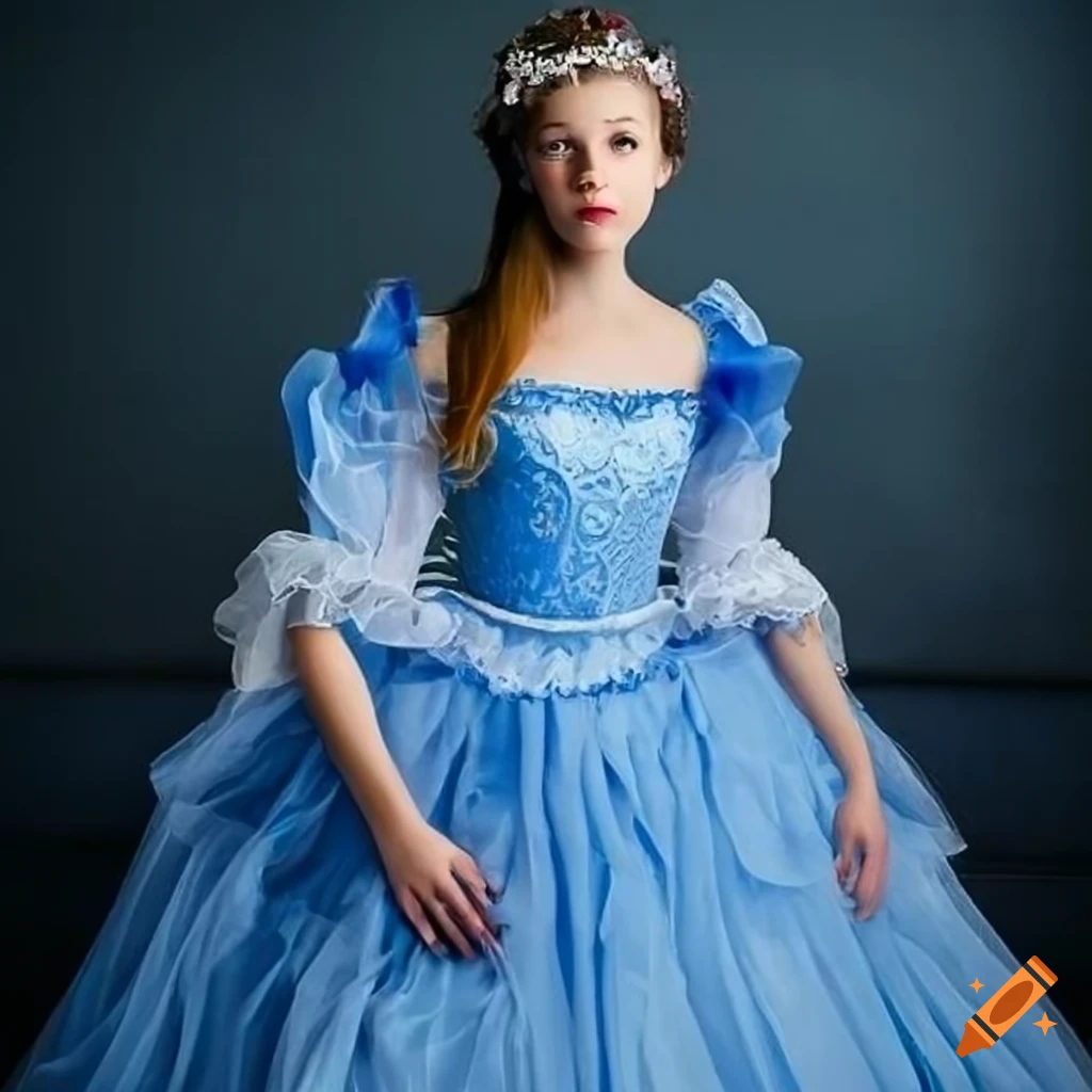 Beautiful princess in a blue frock with a white petticoat on Craiyon