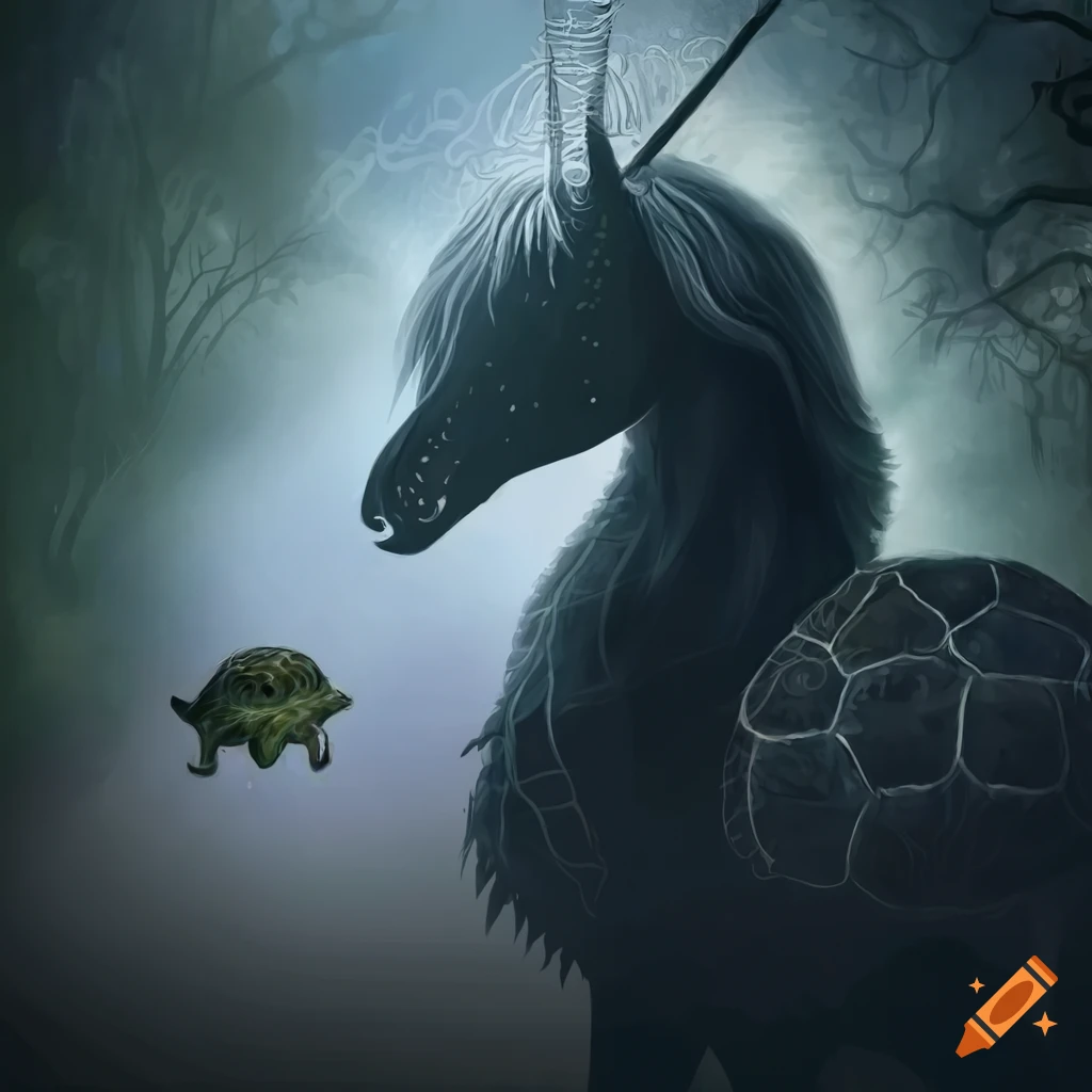 Illustration of a rare black unicorn with a turtle in a mystical forest ...