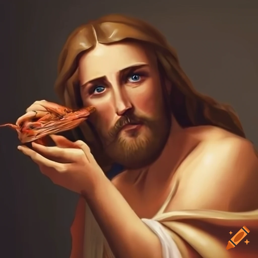 Jesus with a unique t-shirt eating prawns on Craiyon