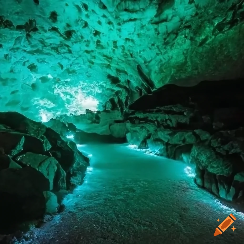 Luminous stone path in a cave with glowing liquid, professional ...