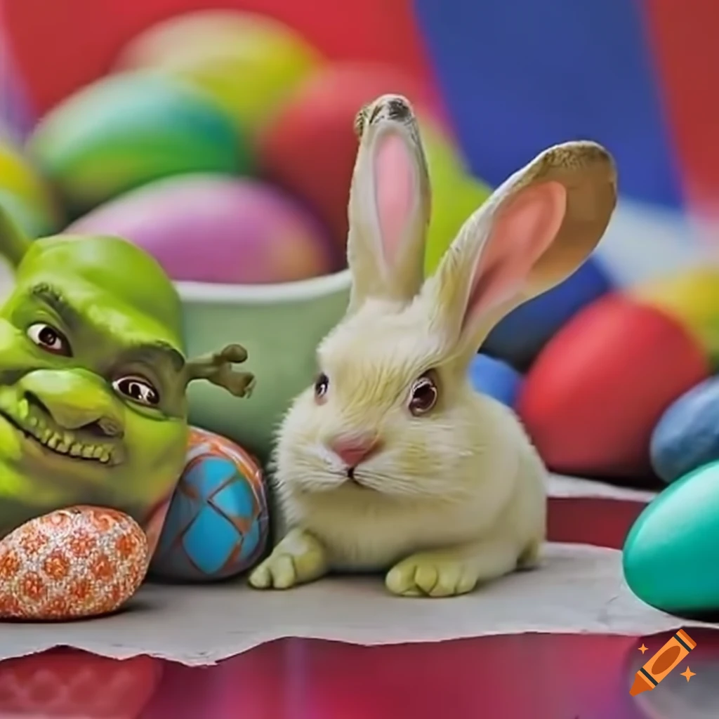 Delightful Easter scene with colorful eggs, an Easter bunny, and Shrek ...