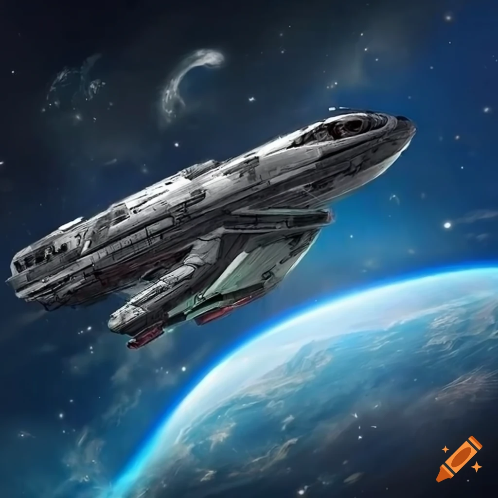 Realistic portrait of a huge freighter spaceship in space on Craiyon