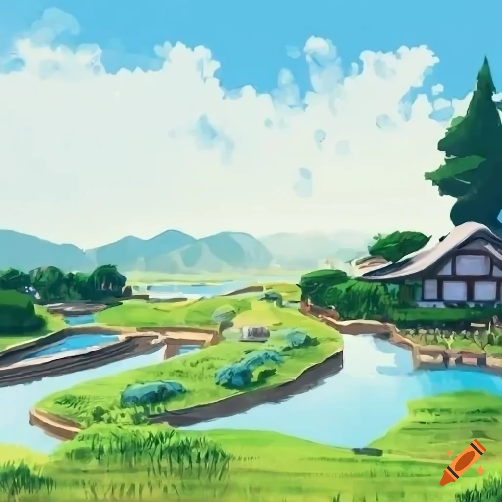 Rural Japan countryside with house, trees, rice fields, and ponds in a ...