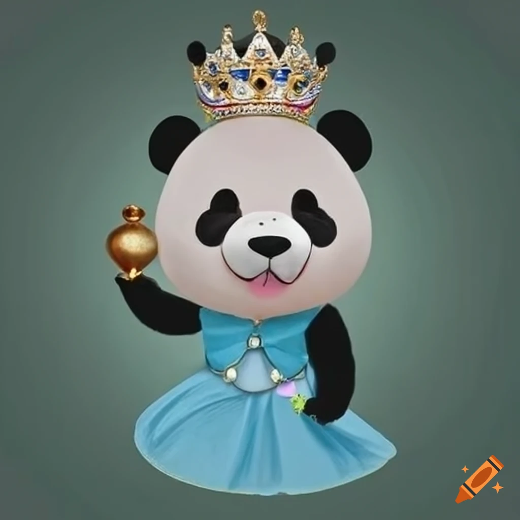 Panda bear in blue dress and queen's crown holding a golden globe award ...