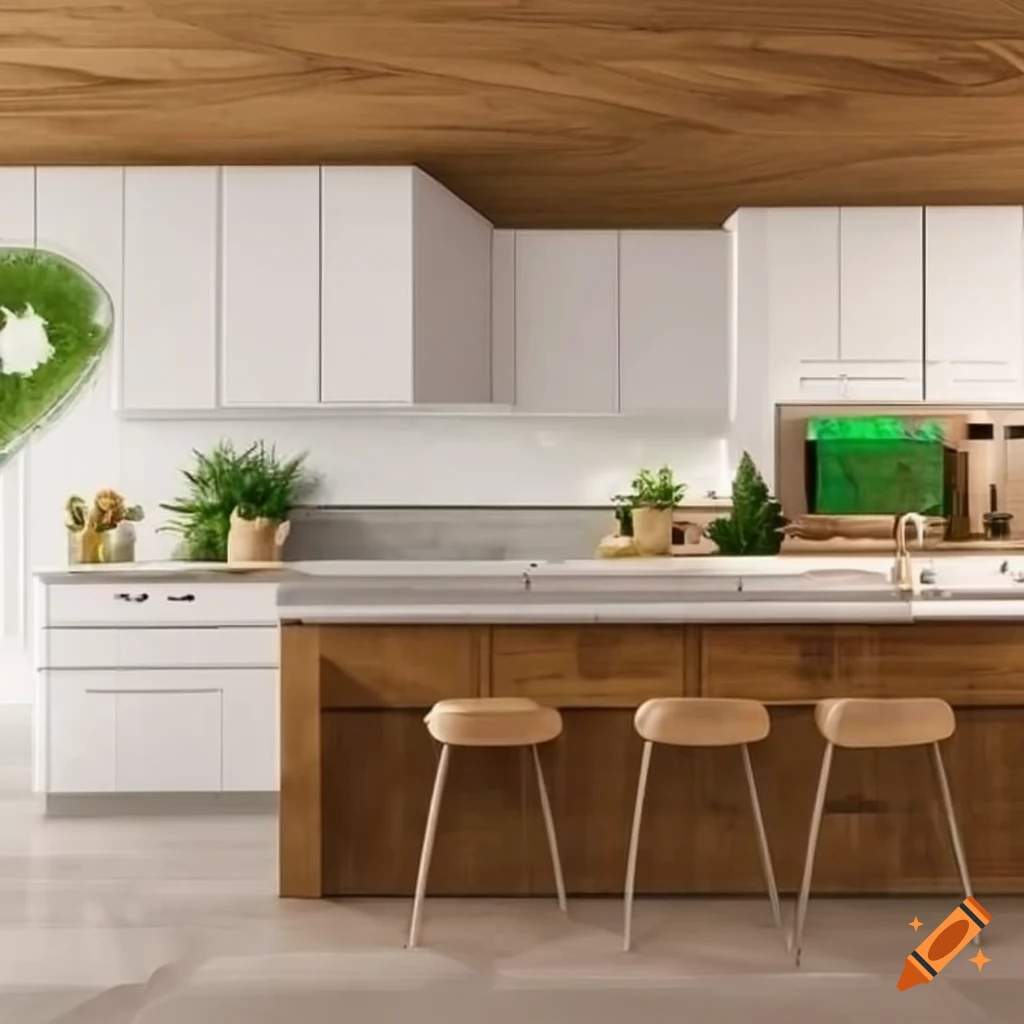 Asymmetric white kitchen with organic curves, brass accents, and lush ...