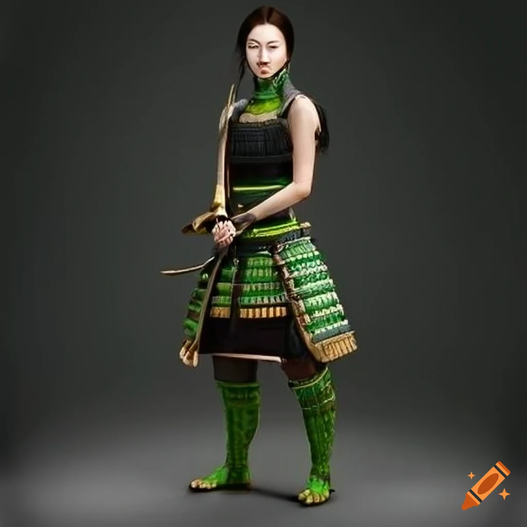 Female samurai in green and black armor in a realistic style on Craiyon