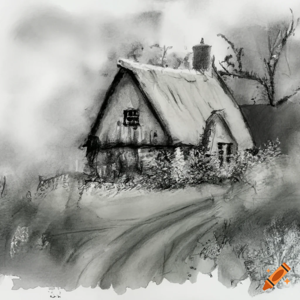 Charcoal drawing of a small cottage with a garden in black and white on ...