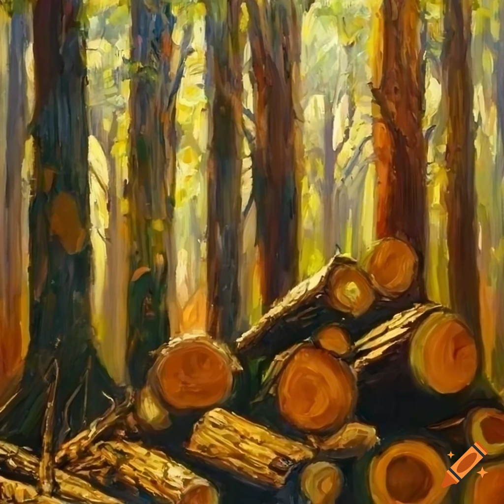 Impressionist painting of a forest with chopped trees and stacked logs ...