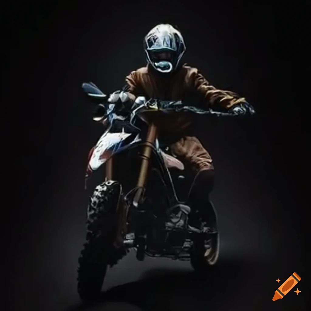 Man riding a hawk 250 enduro motorcycle in a dark setting on Craiyon