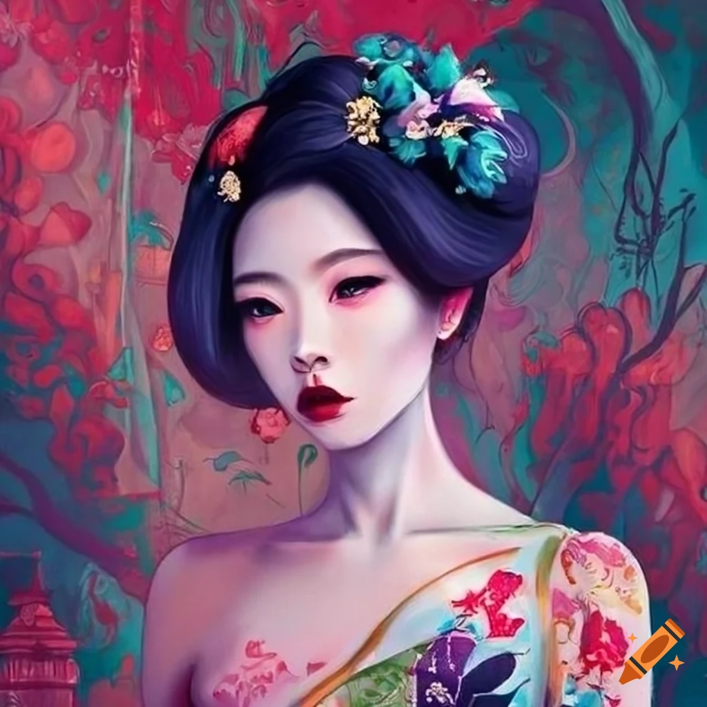 Ethereal geisha with intricate pagoda in hair in unique art fusion ...