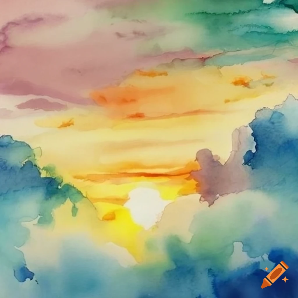 Sunshine through the clouds in a watercolor painting on Craiyon