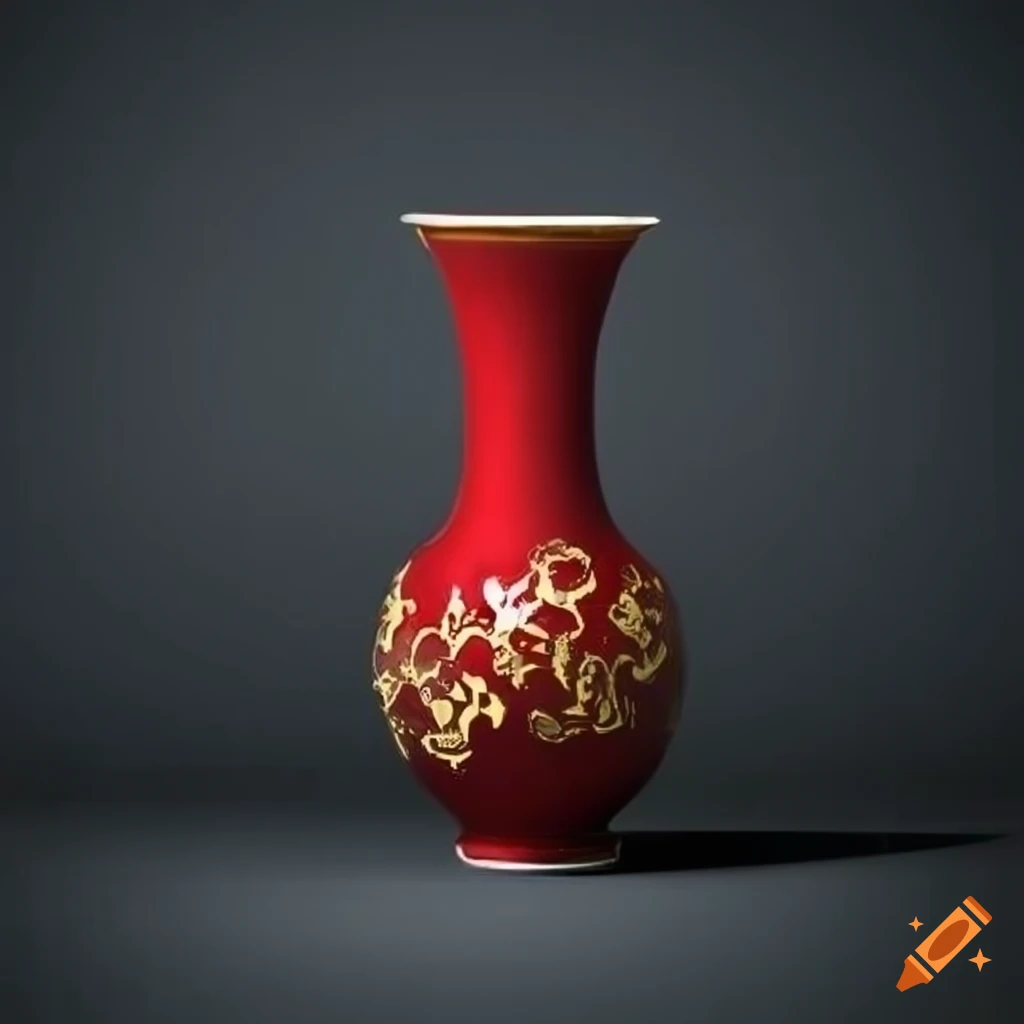 Shattered Chinese vase with red, gold, and black designs in dramatic ...