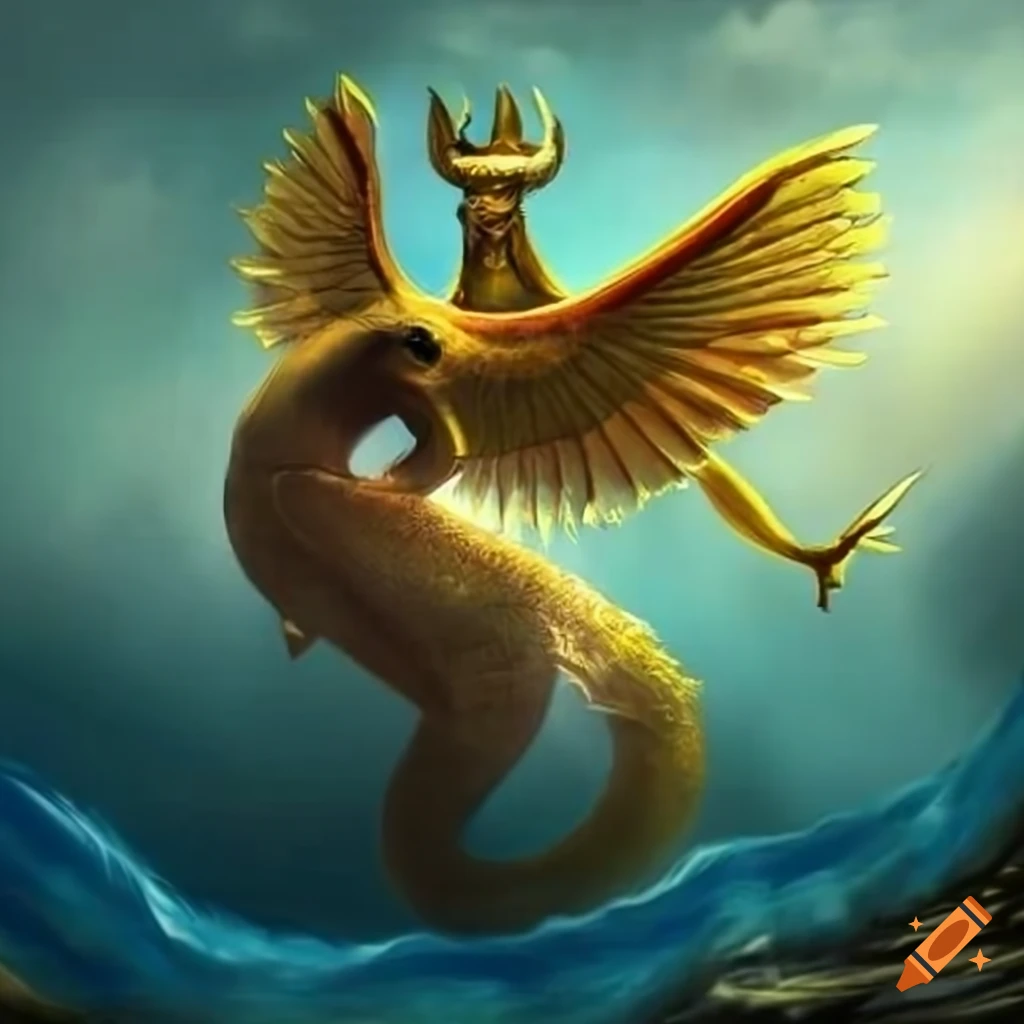 Egyptian bennu mythological creature gliding over a river on Craiyon