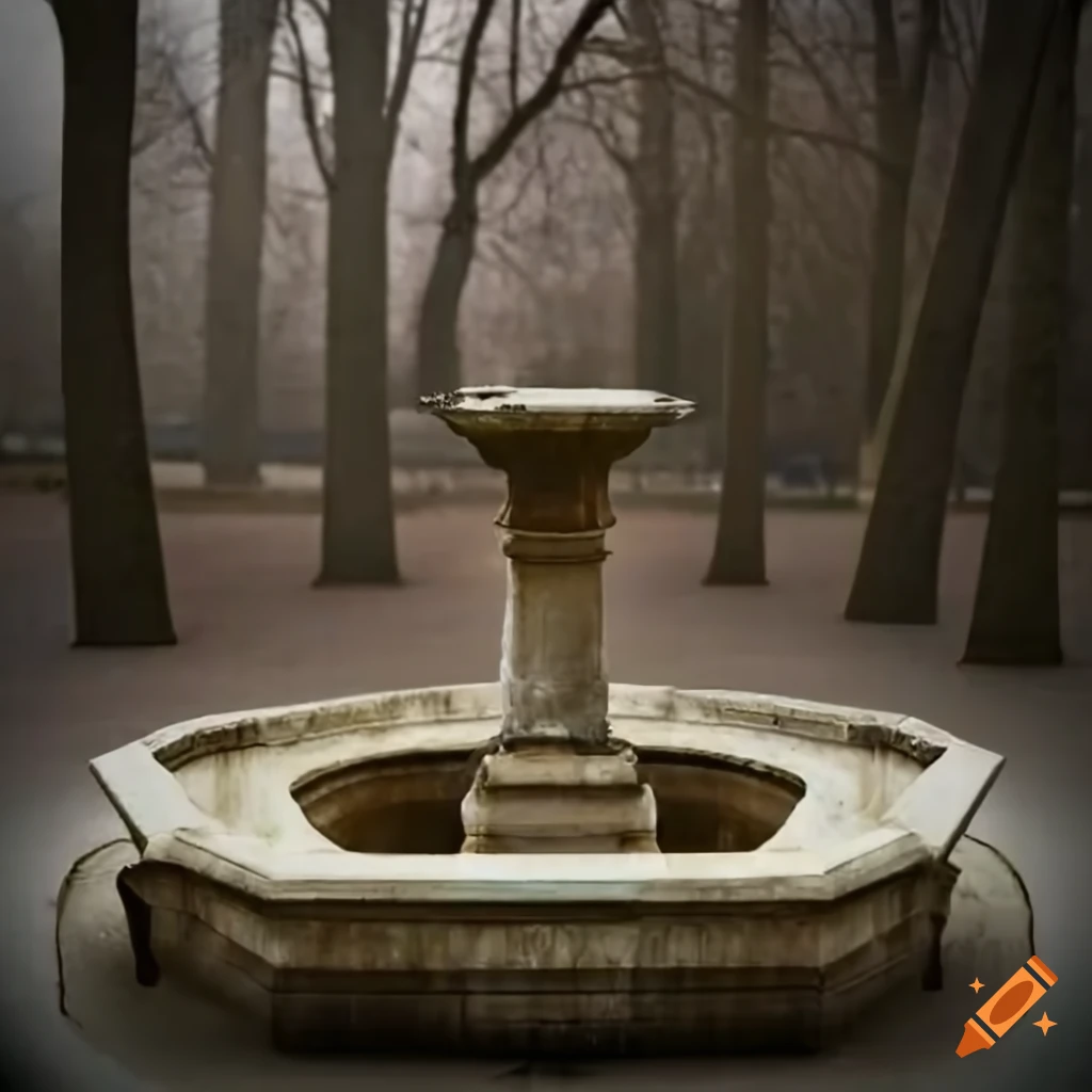 Roman water fountain in a desolate park with an obelisk on Craiyon