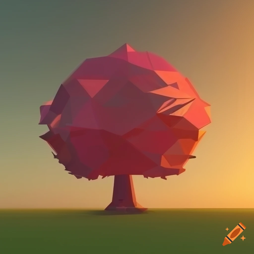 Tree in a green field at sunset in 3d low-poly style on Craiyon