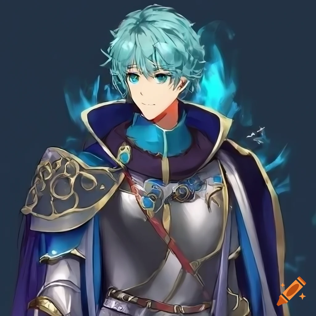 Anime depiction of a young prince in cyan attire and armor on Craiyon