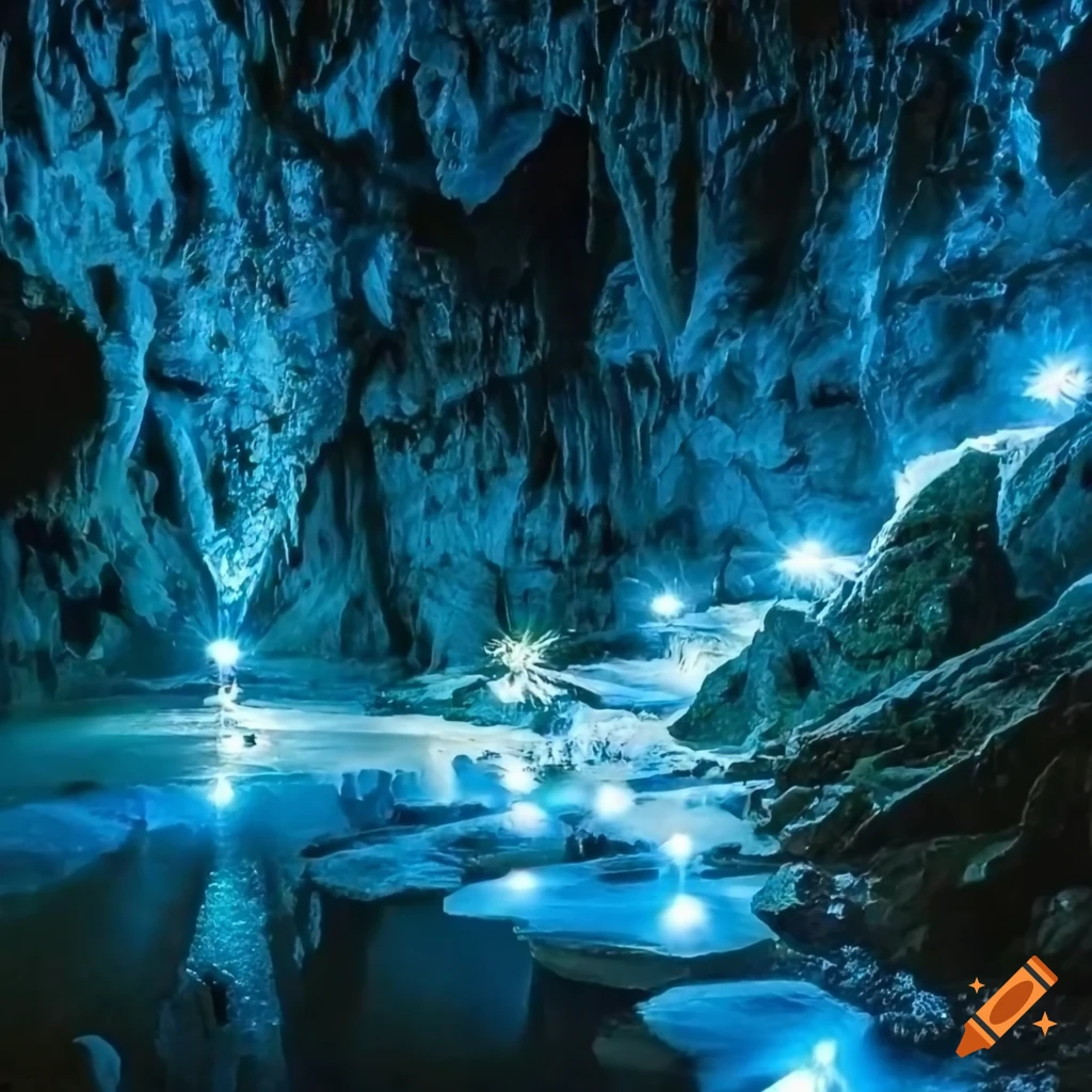 Luminous stone path in a cave with glowing liquid on Craiyon