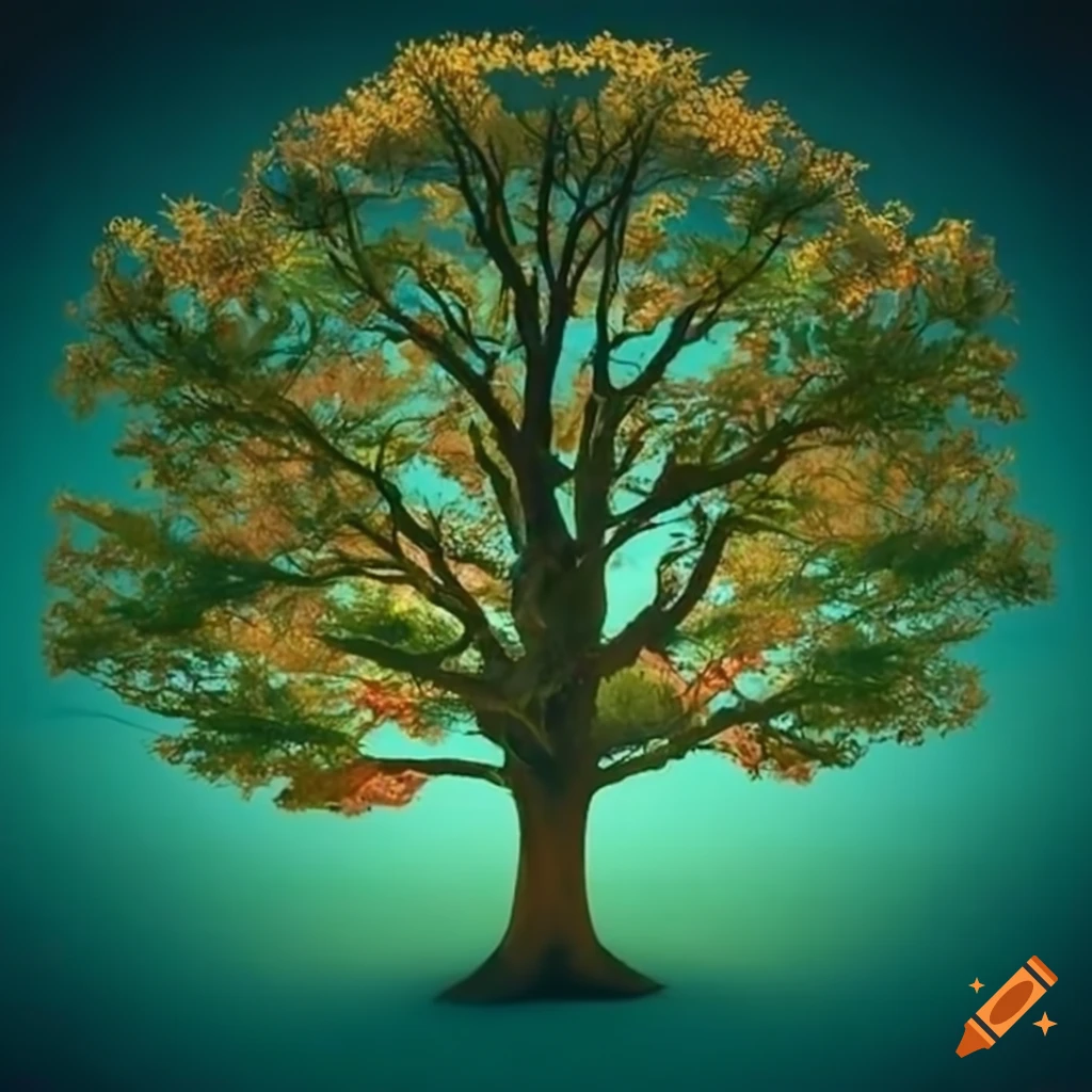 Magical oak tree with vibrant leaves and shining acorns on Craiyon