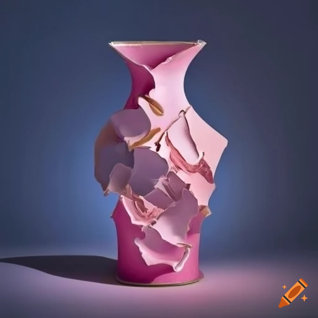 Shattered Chinese vase with vivid pink, gold, and blue designs in ...