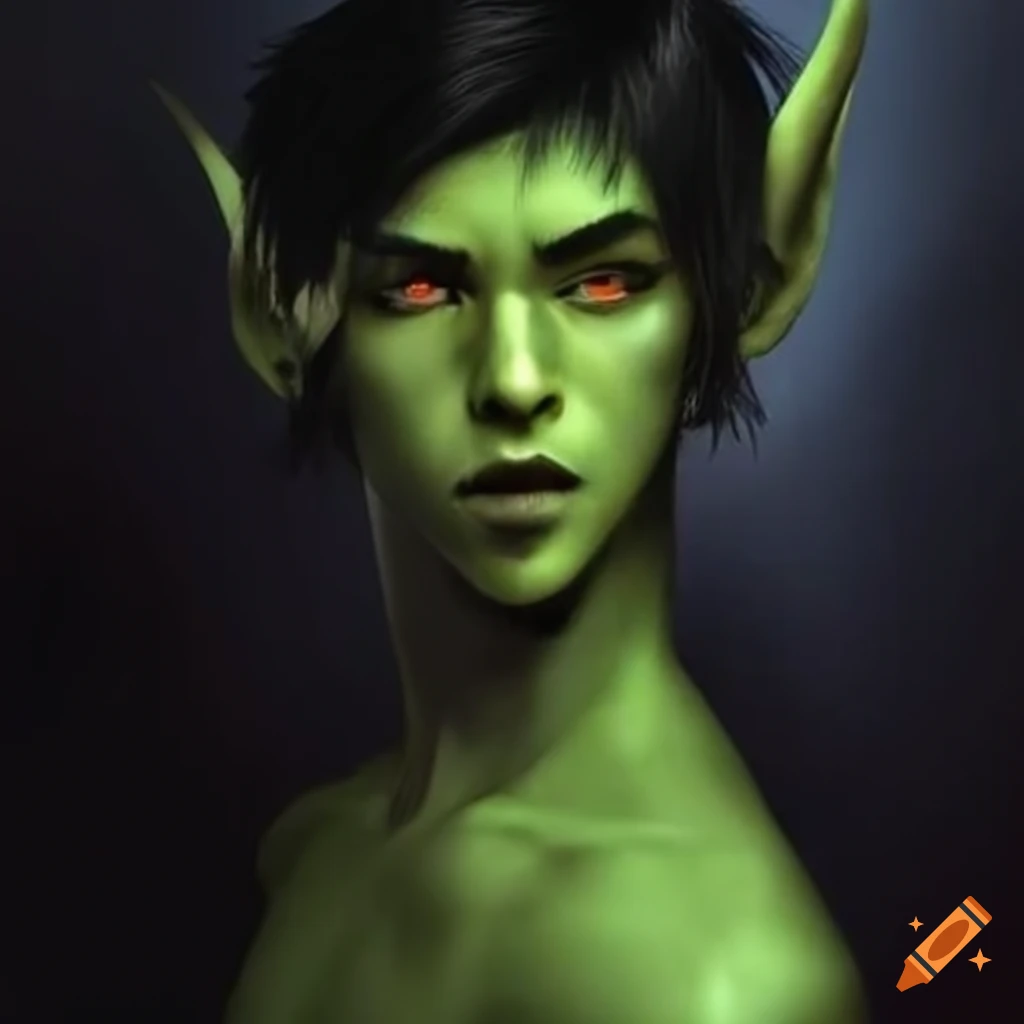 Edjek the young green-skinned goblin in a white shirt with short black ...