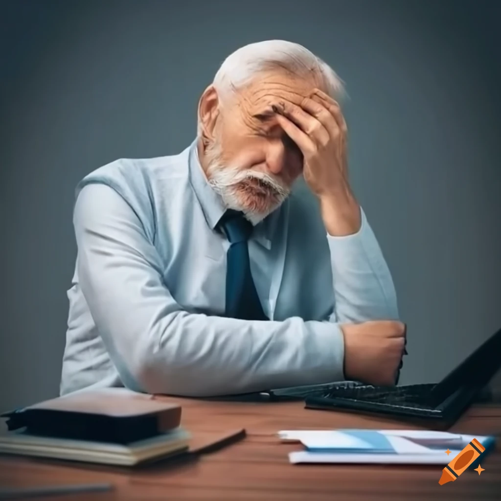 Tired old man working in an office on Craiyon