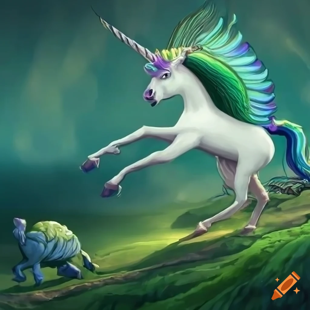 Mythical unicorn and turtle flying over lush landscapes on Craiyon