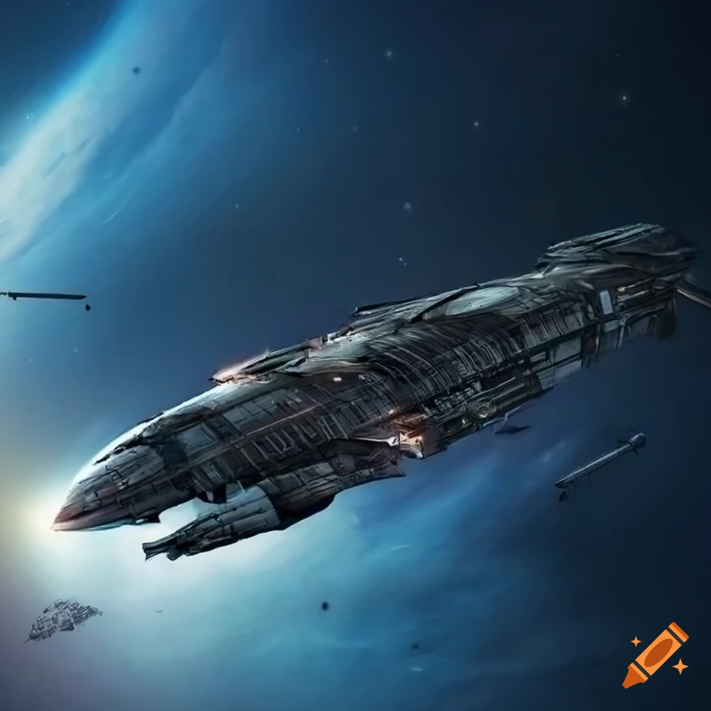 Realistic portrait of a huge freighter spaceship in space on Craiyon