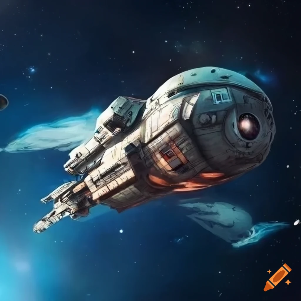 Realistic portrait of a small freighter spaceship flying in space on Craiyon