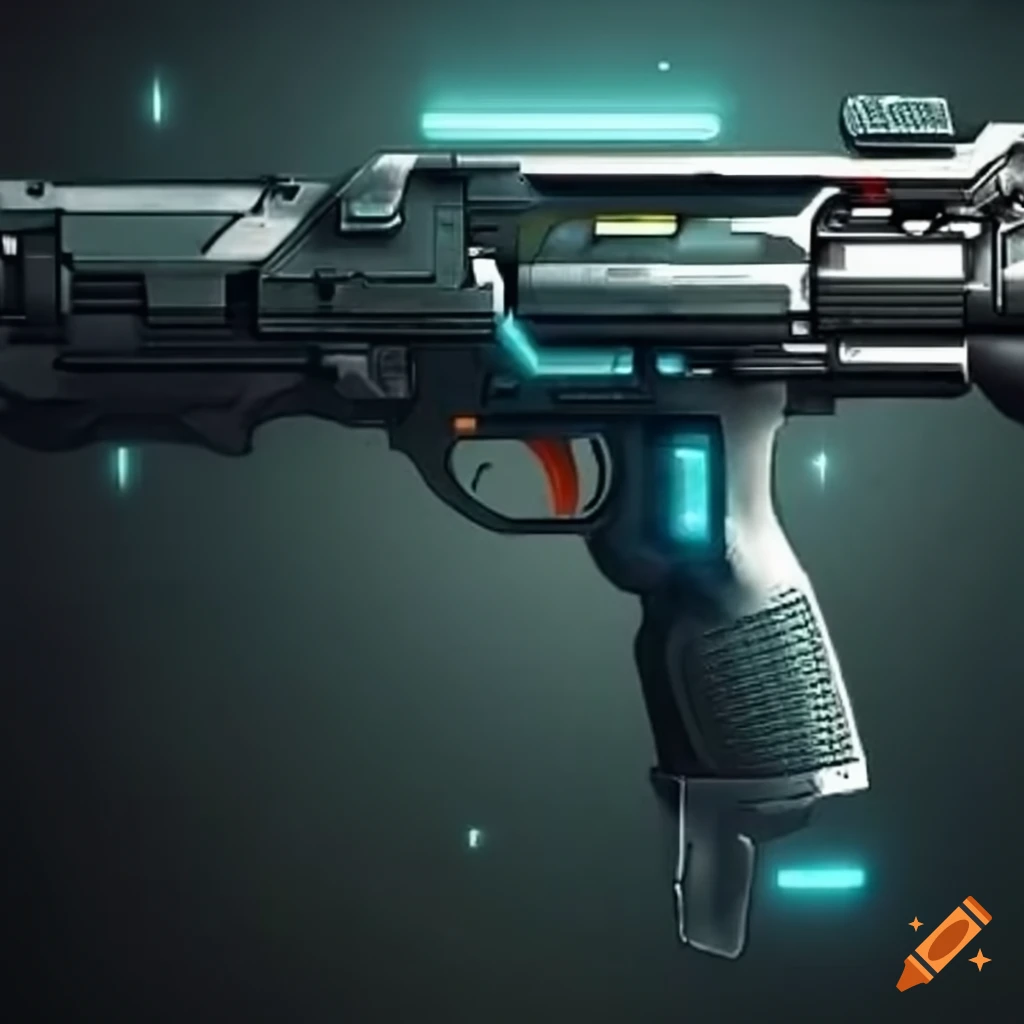 Futuristic pistol with cybernetic enhancements and technology on Craiyon