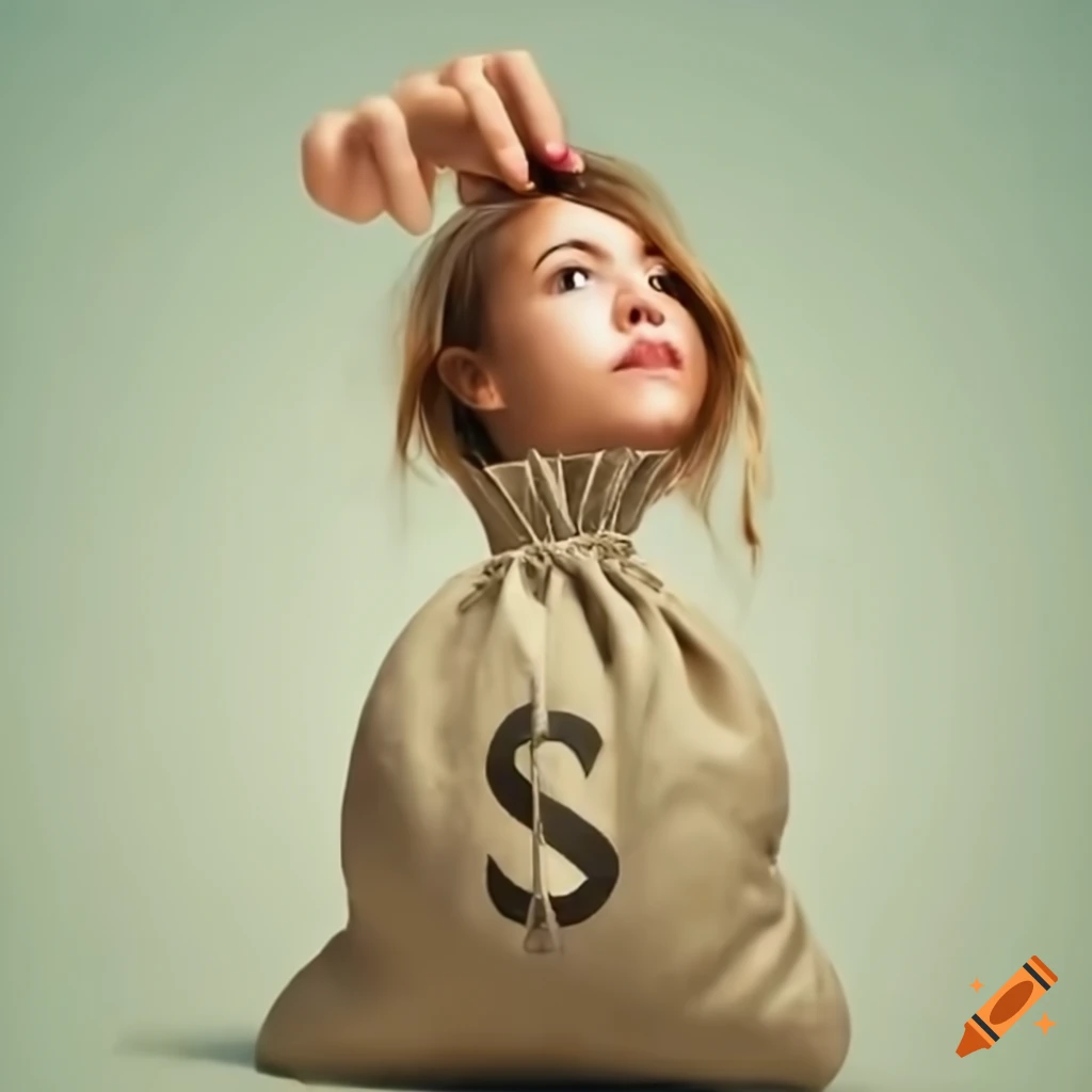 Girl stuck in a money bag on Craiyon