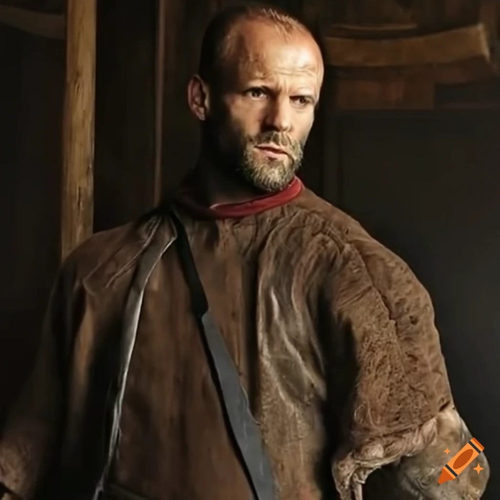 Jason statham portraying a blacksmith in a medieval setting on Craiyon