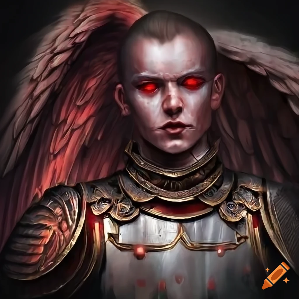 Detailed digital art portrait of a divine male angel with red eyes in ...