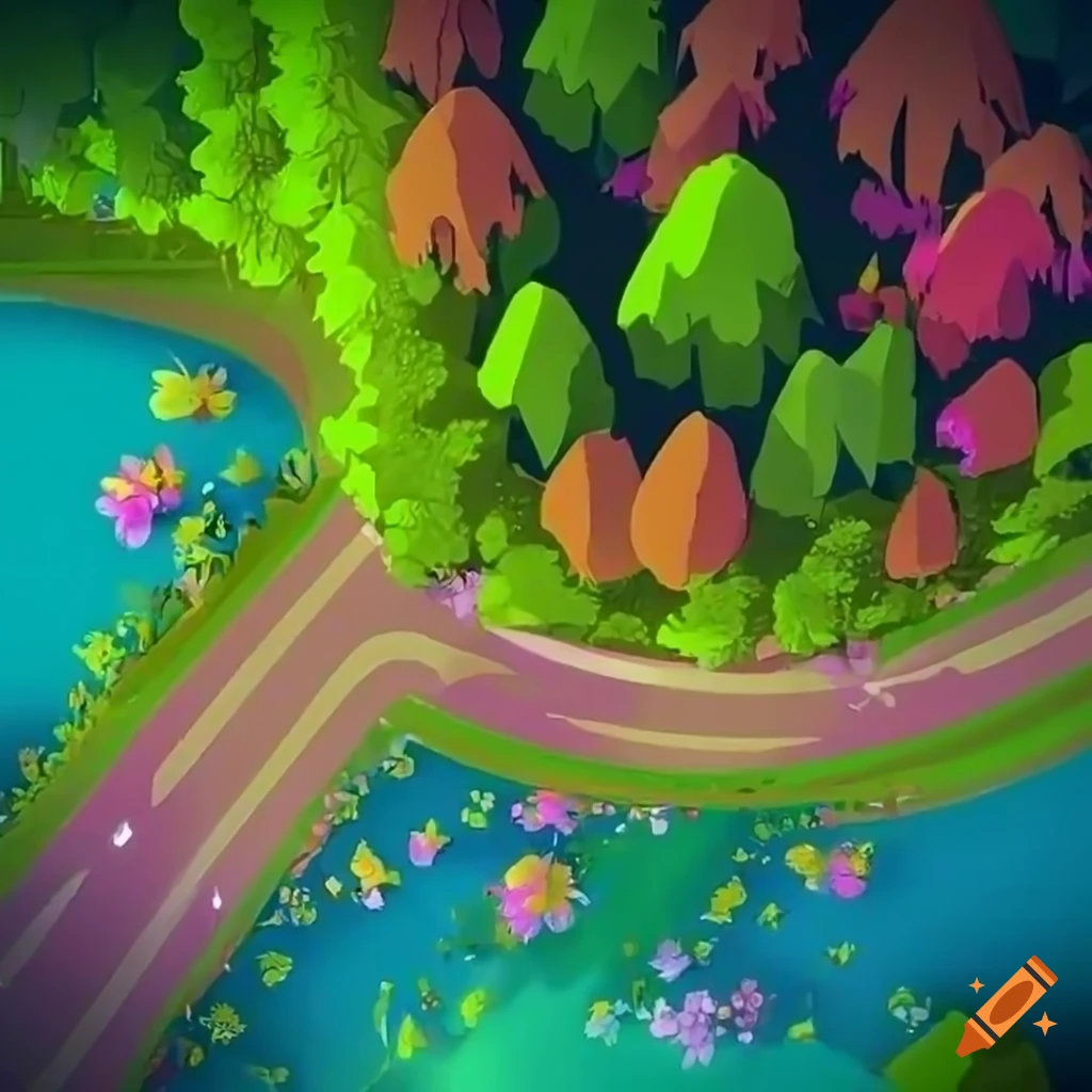 Scenic yellow path among green trees and colorful flowers near a shiny ...